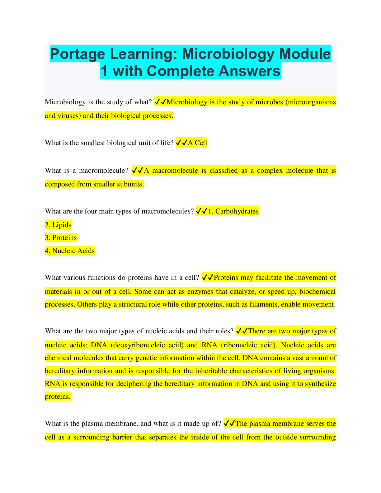Portage Learning: Microbiology Module 1 with Complete Answers ...