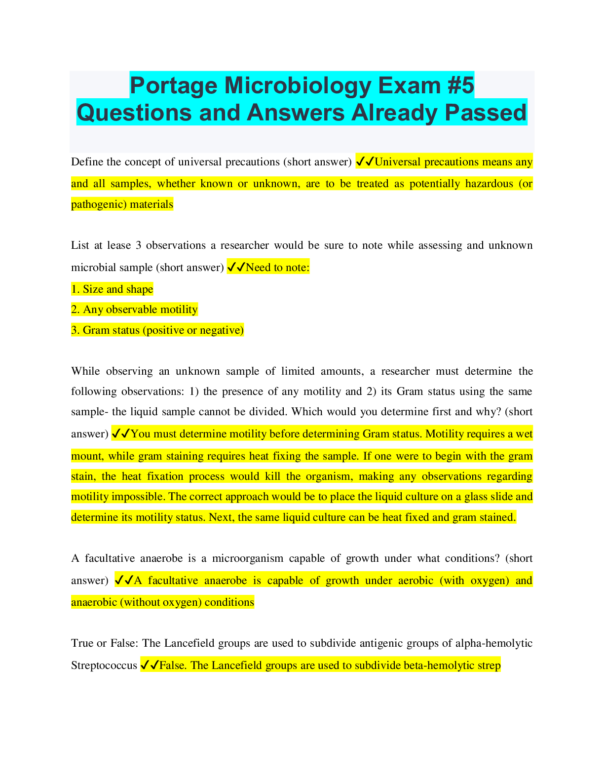 Portage Microbiology Exam #5 Questions and Answers Already Passed ...