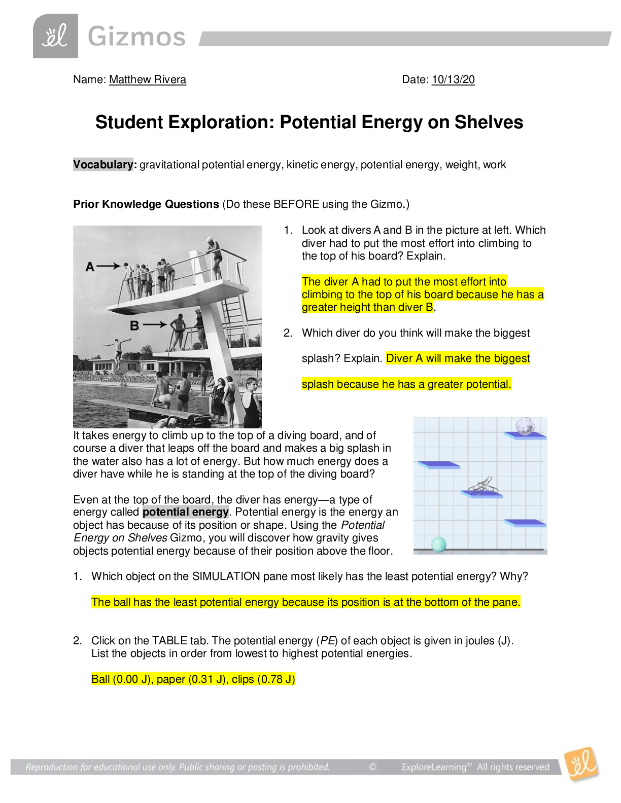 Gizmo Potential Energy on Shelves | Student Exploration: Potential ...