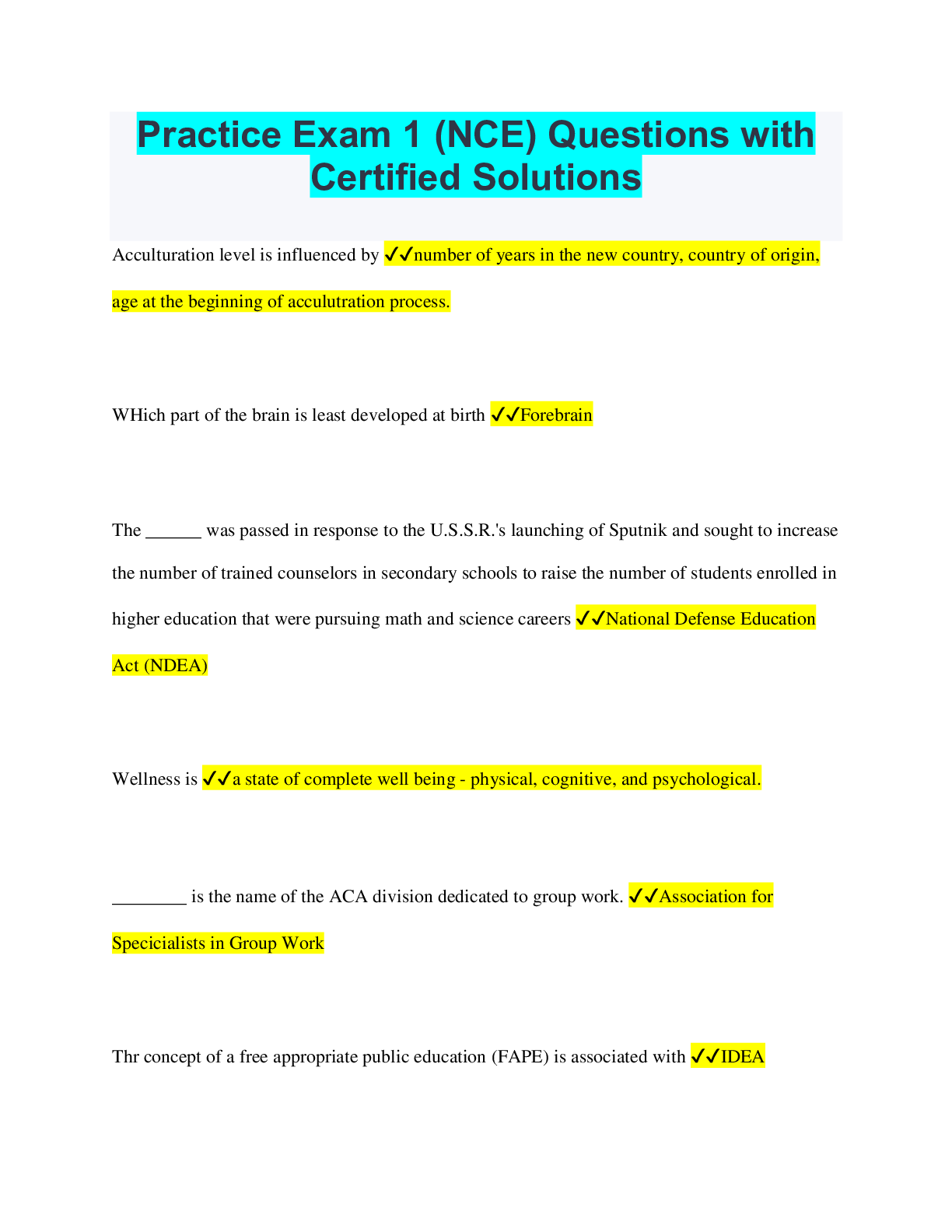 Practice Exam 1 (NCE) Questions with Certified Solutions - Scholarfriends
