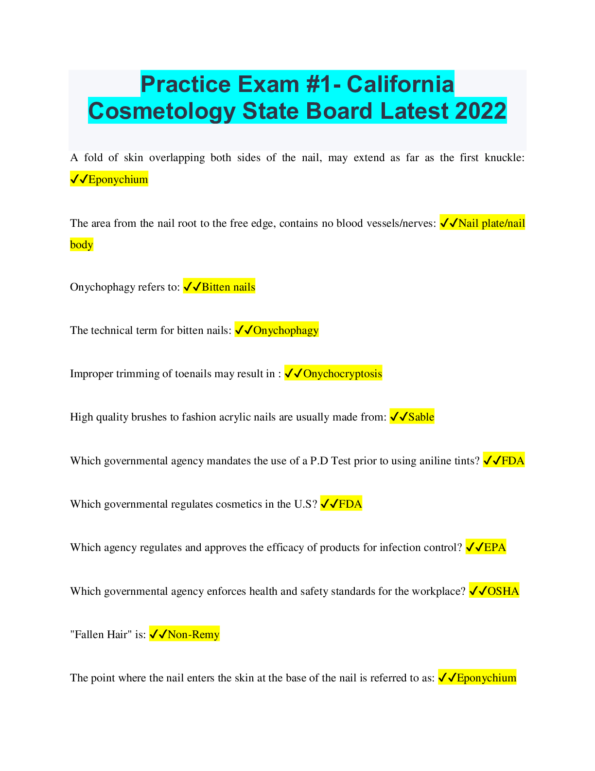 Practice Exam #1- California Cosmetology State Board Latest 2022 ...