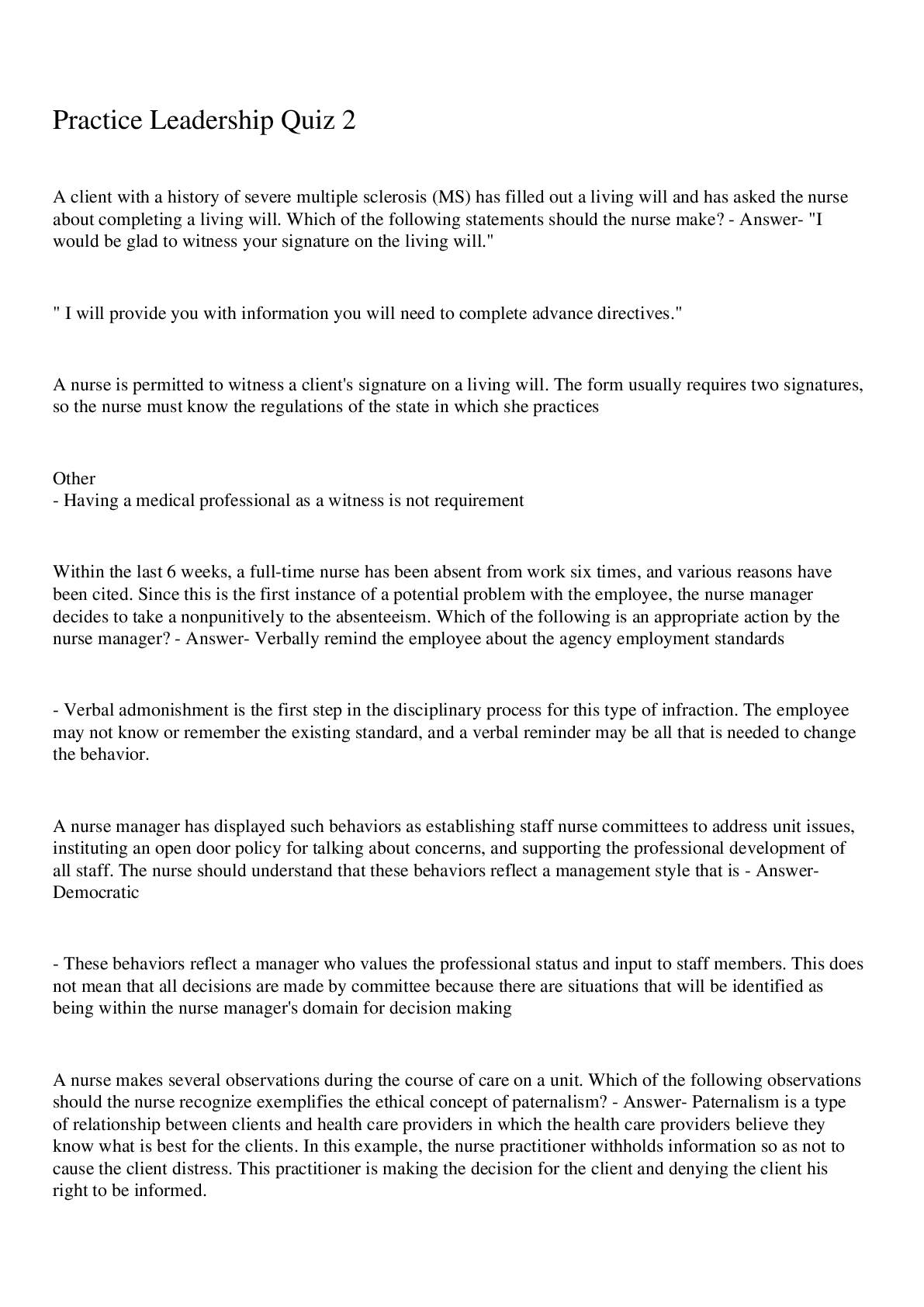 Practice Leadership Quiz 2 - Scholarfriends