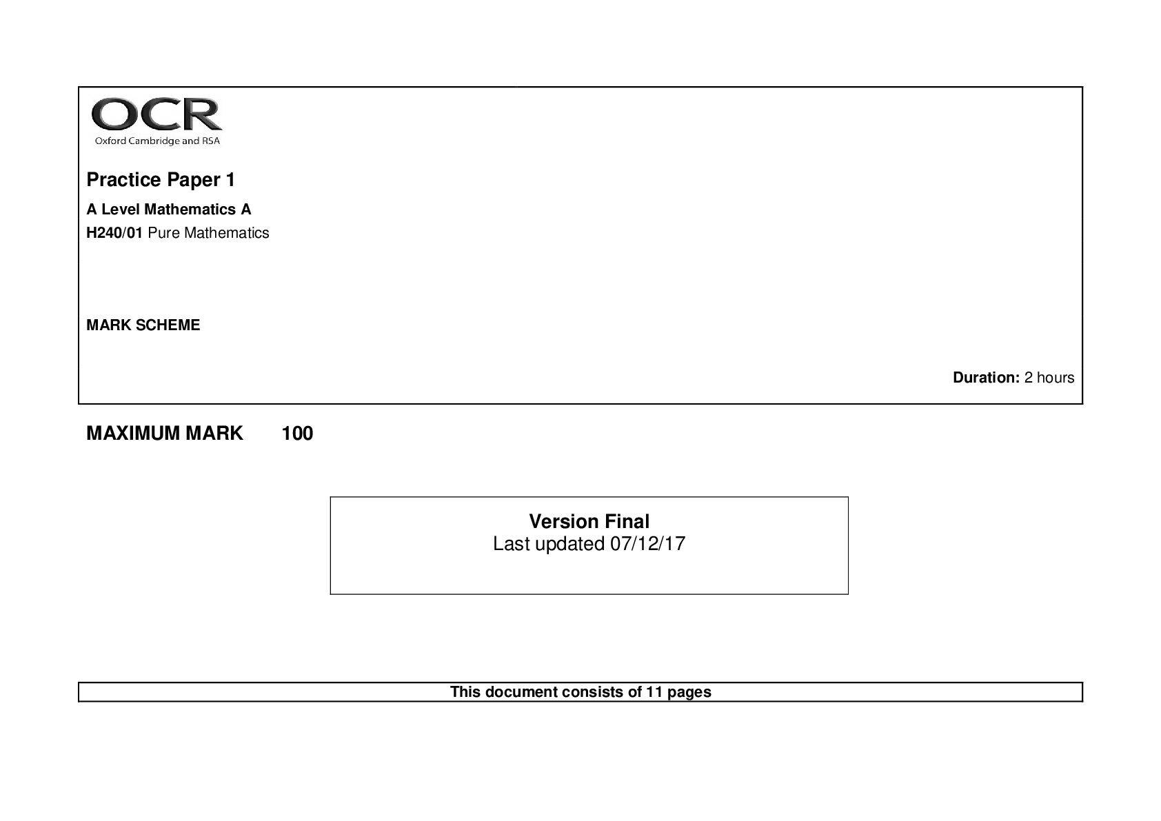 OCR A Level Mathematics H240 MARK SCHEME Practice Paper Set 1 ...