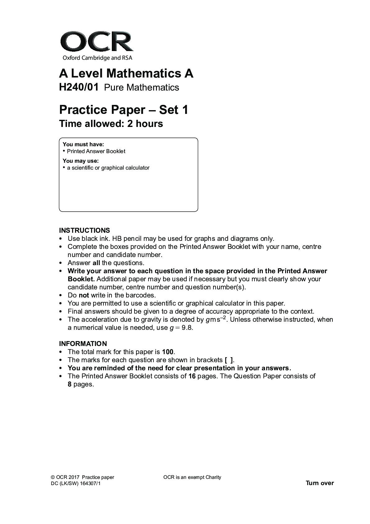 OCR A Level Mathematics H240 QUESTION PAPER Practice Paper Set 1 ...