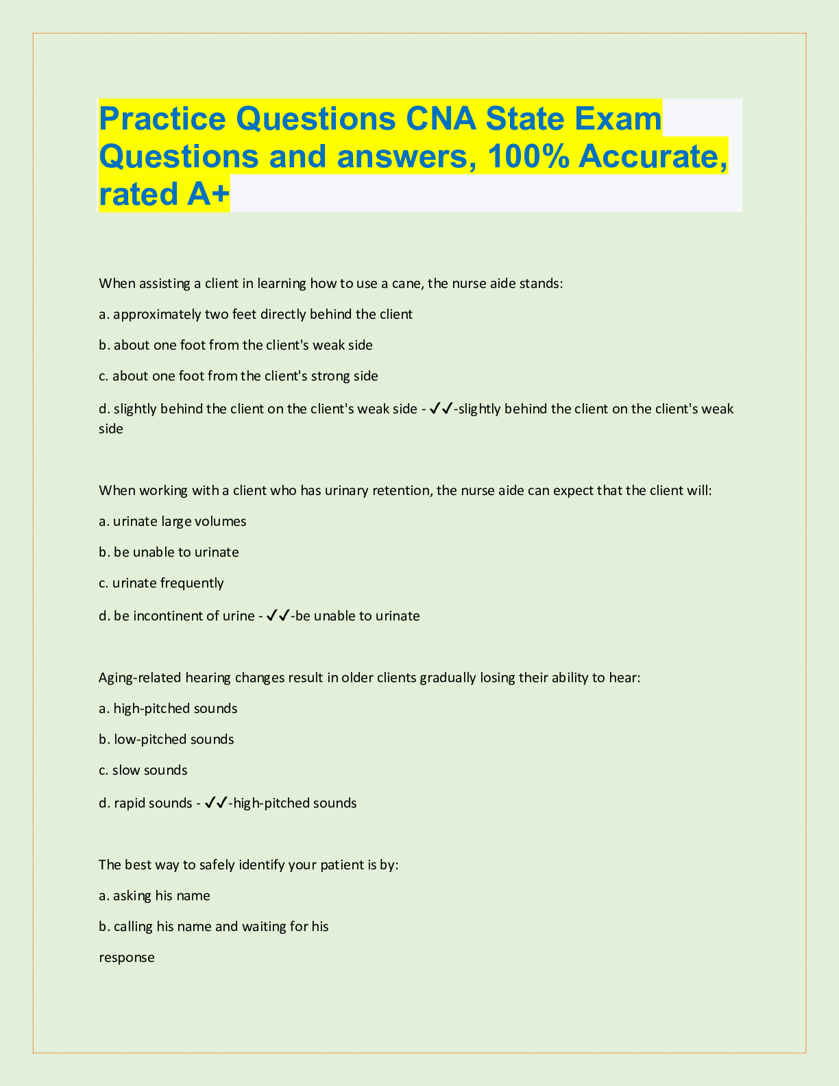 Practice Questions CNA State Exam Questions and answers, 100% Accurate ...