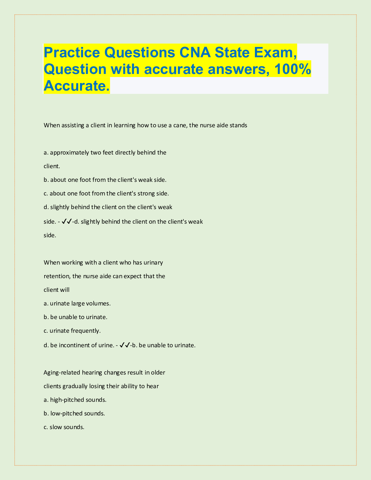 Practice Questions CNA State Exam Questions And Answers 2022 ...