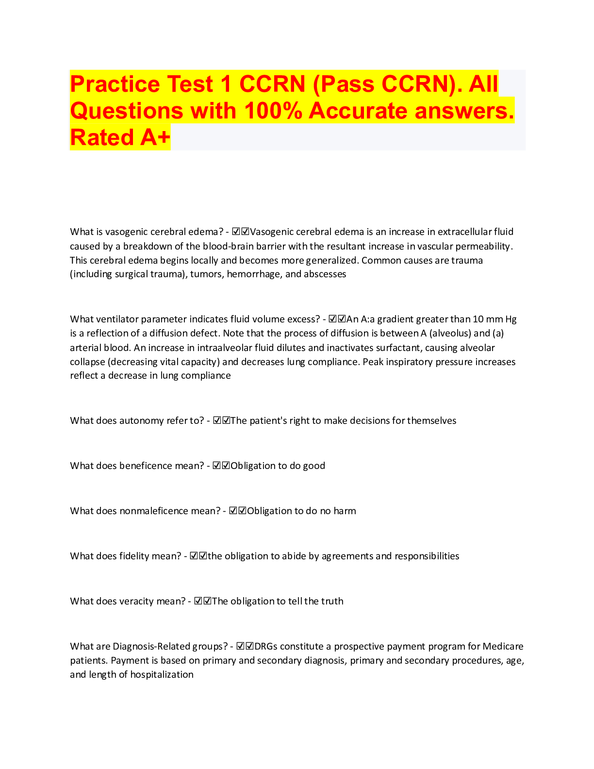 Practice Test 1 CCRN (Pass CCRN). All Questions with 100% Accurate ...