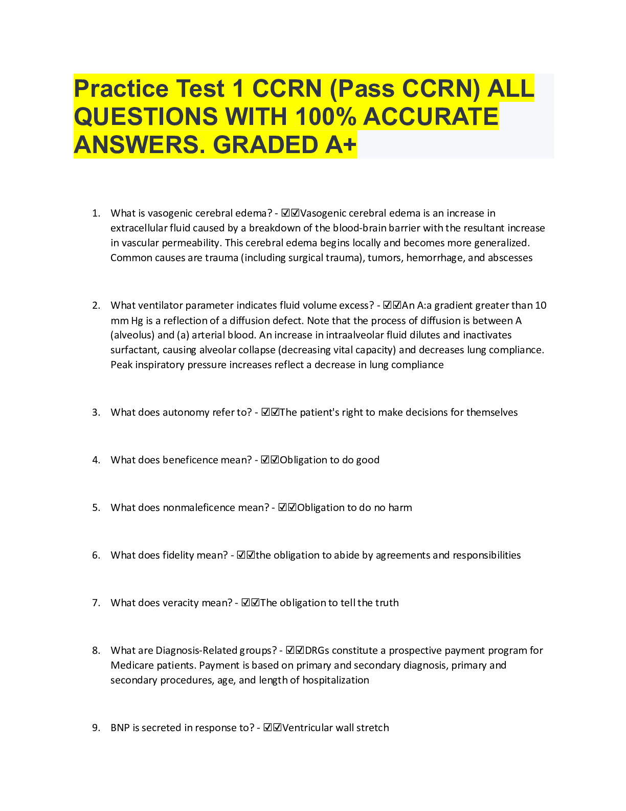 Practice Test 1 CCRN (Pass CCRN) ALL QUESTIONS WITH 100% ACCURATE ...