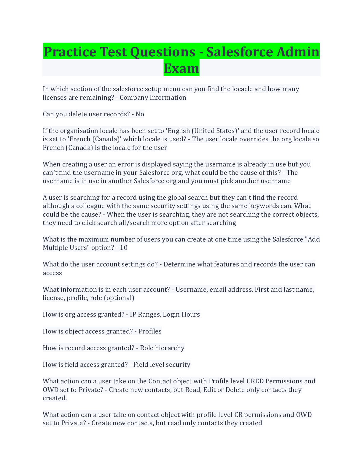 Practice Test Questions - Salesforce Admin Exam with Complete Solutions ...