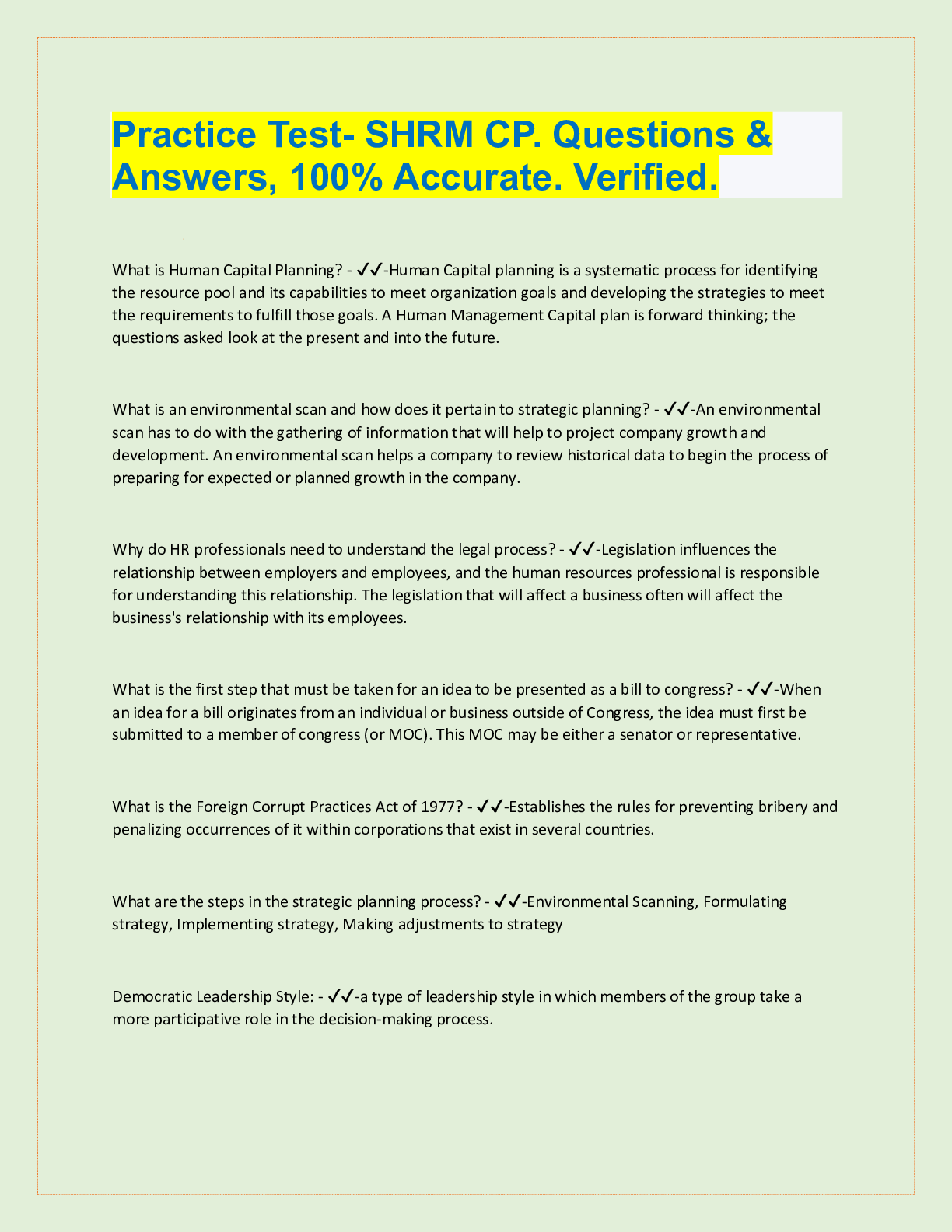 Practice Test- SHRM CP| 133 QUESTIONS| WITH COMPLETE SOLUTIONS ...