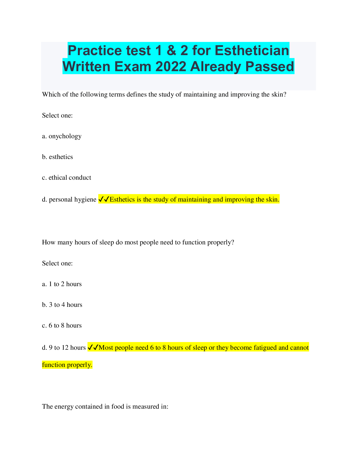 Practice test 1 & 2 for Esthetician Written Exam 2022 Already Passed ...