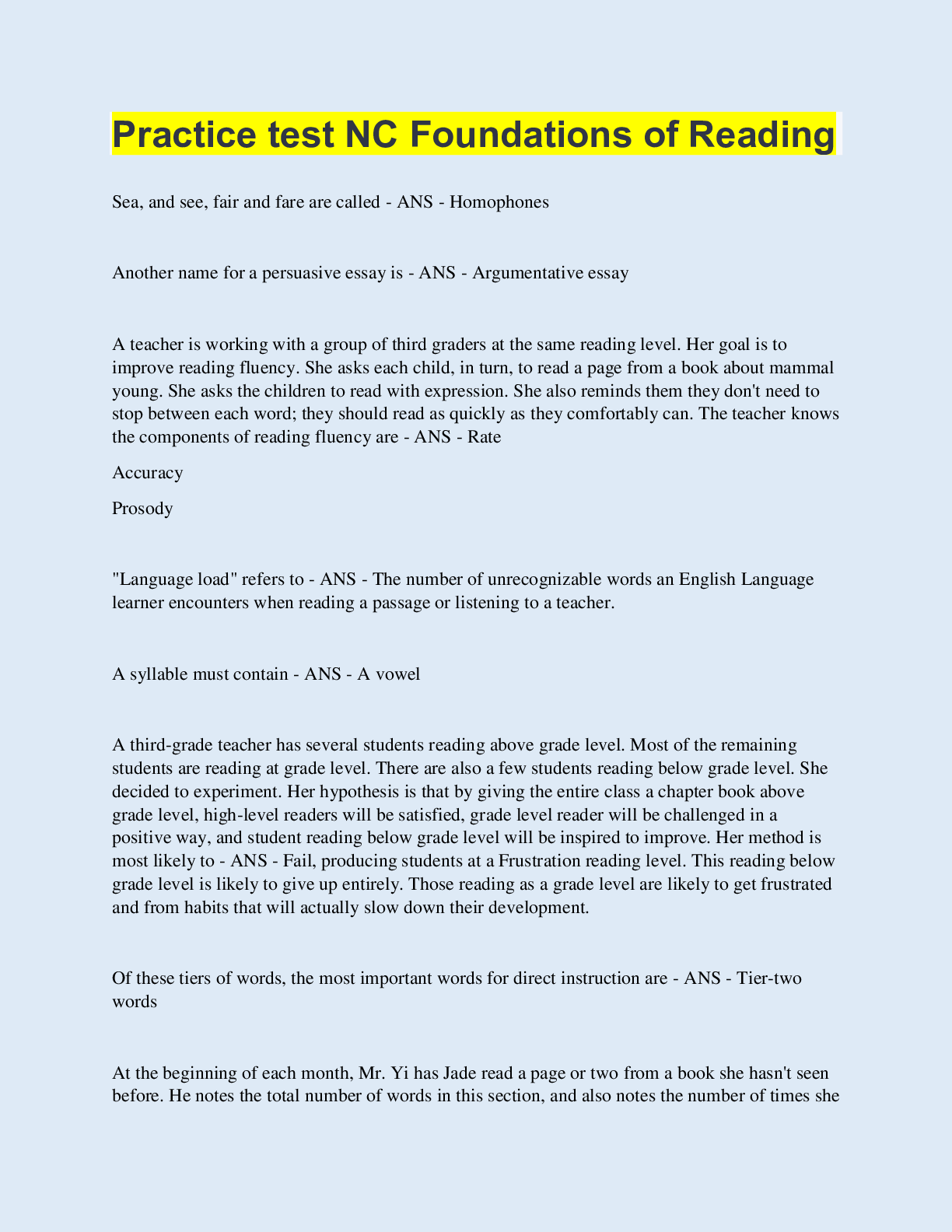 Practice test NC Foundations of Reading | 70 Questions with 100% ...
