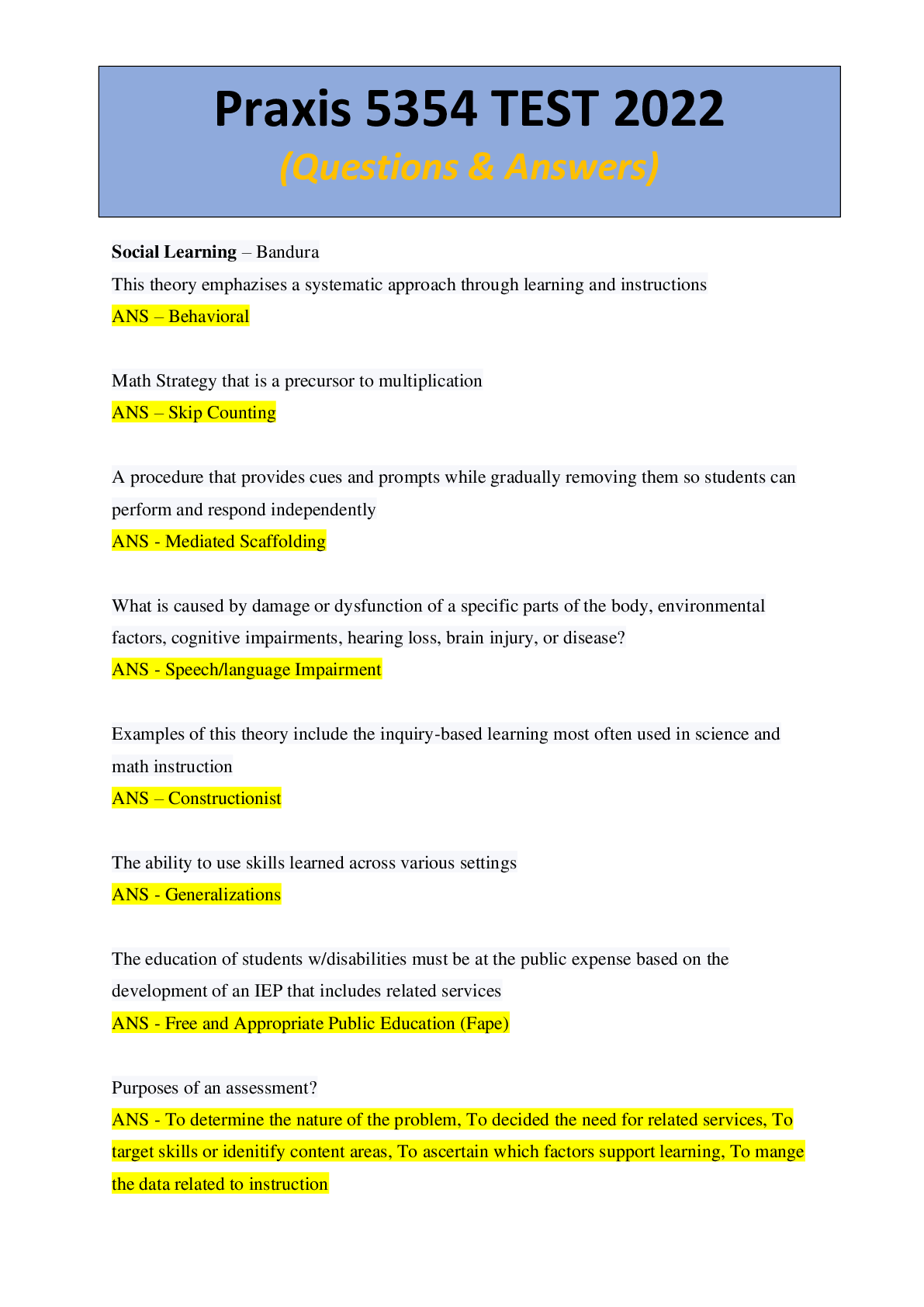 Praxis 5354 TEST 2022 (Questions & Answers) - Scholarfriends