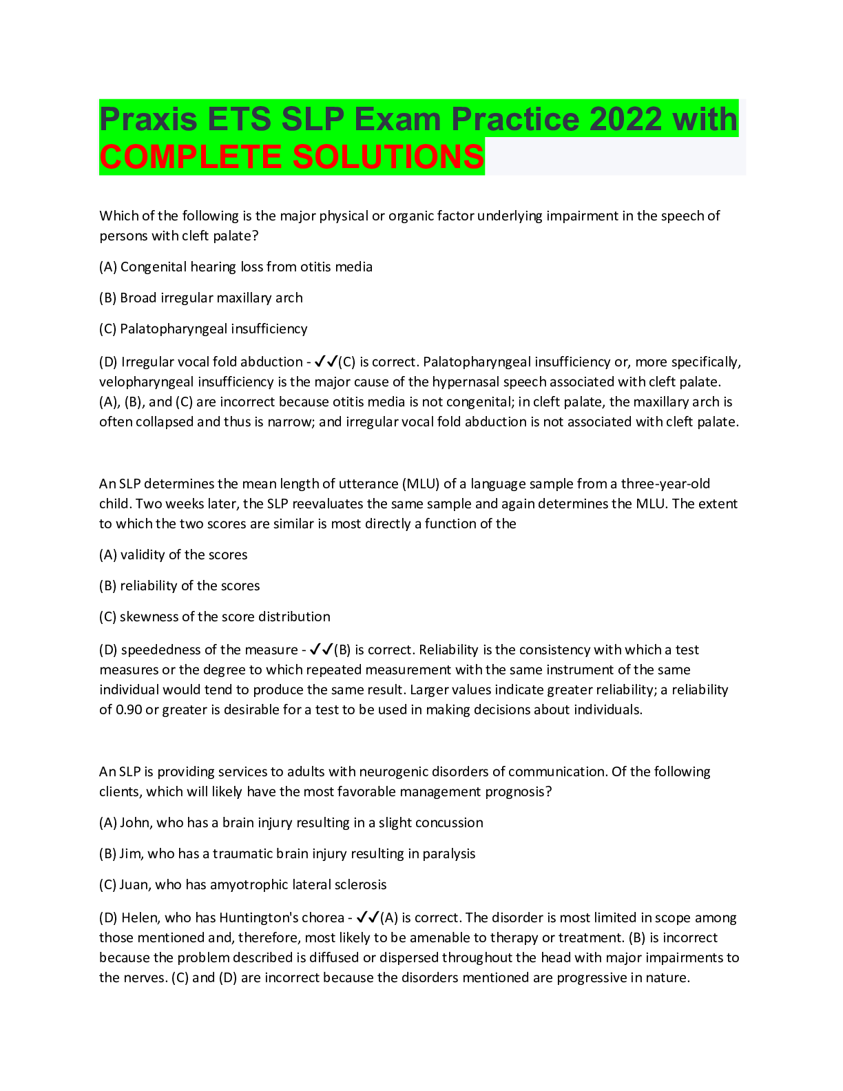 Praxis ETS SLP Exam Practice 2022 with COMPLETE SOLUTIONS - Scholarfriends