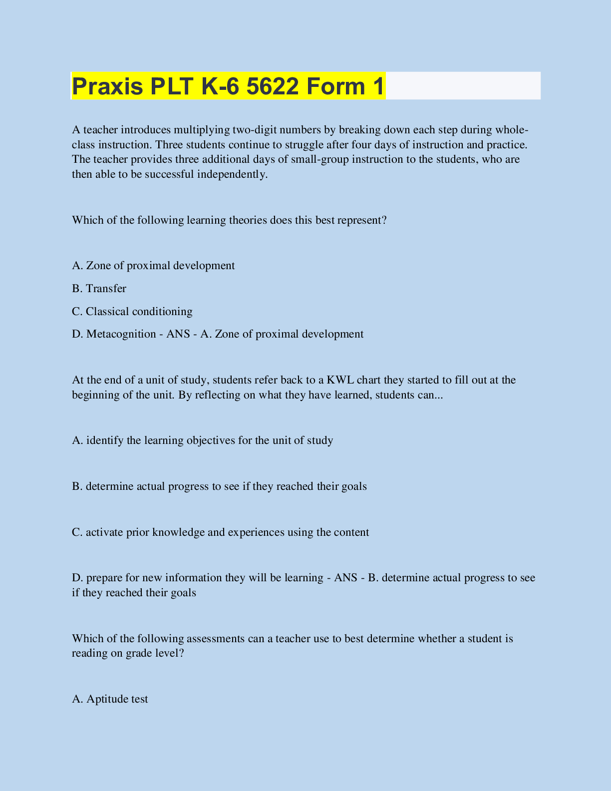 Praxis PLT K-6 5622 Form 1 | 80 Questions with 100% Correct Answers ...