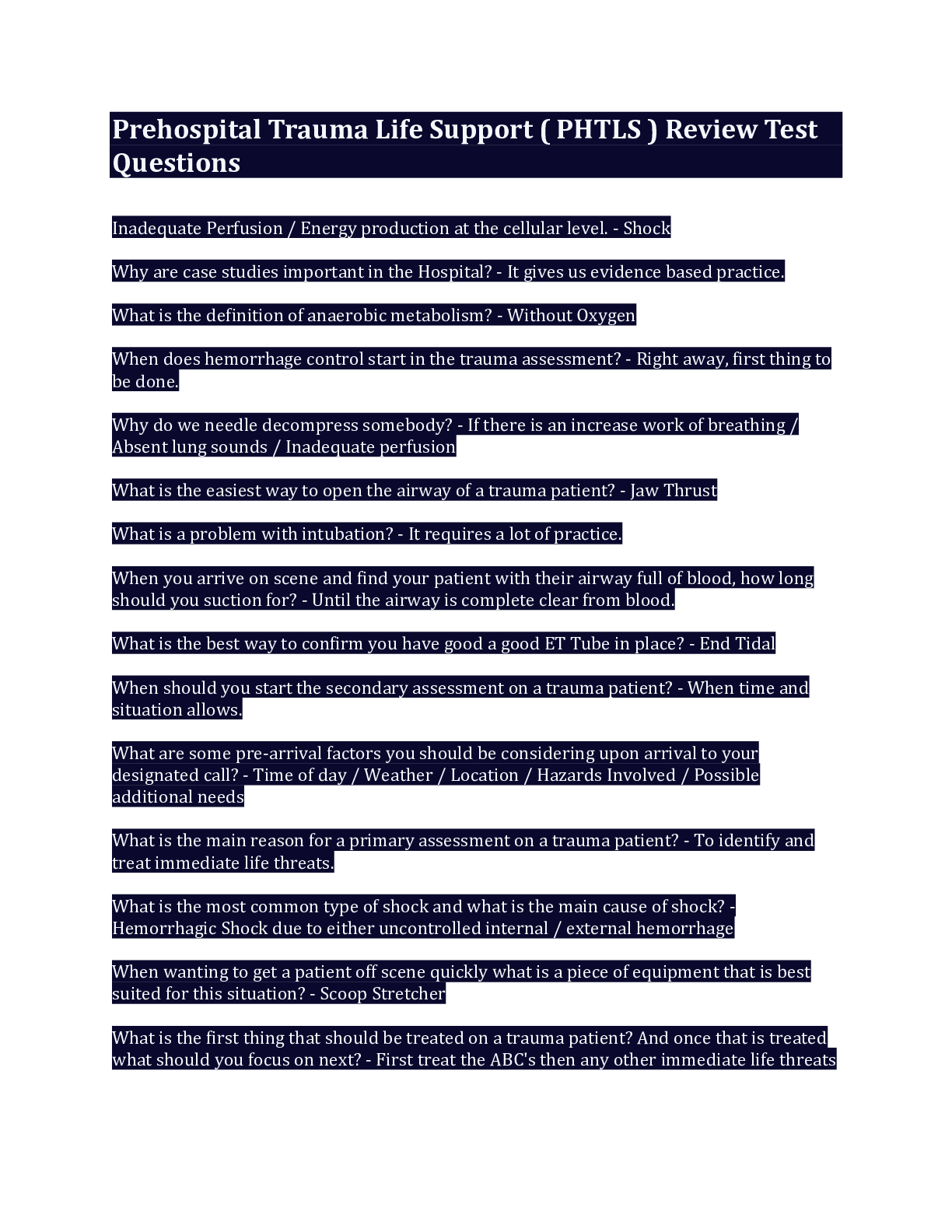 Prehospital Trauma Life Support ( PHTLS ) Review Test Questions Latest ...