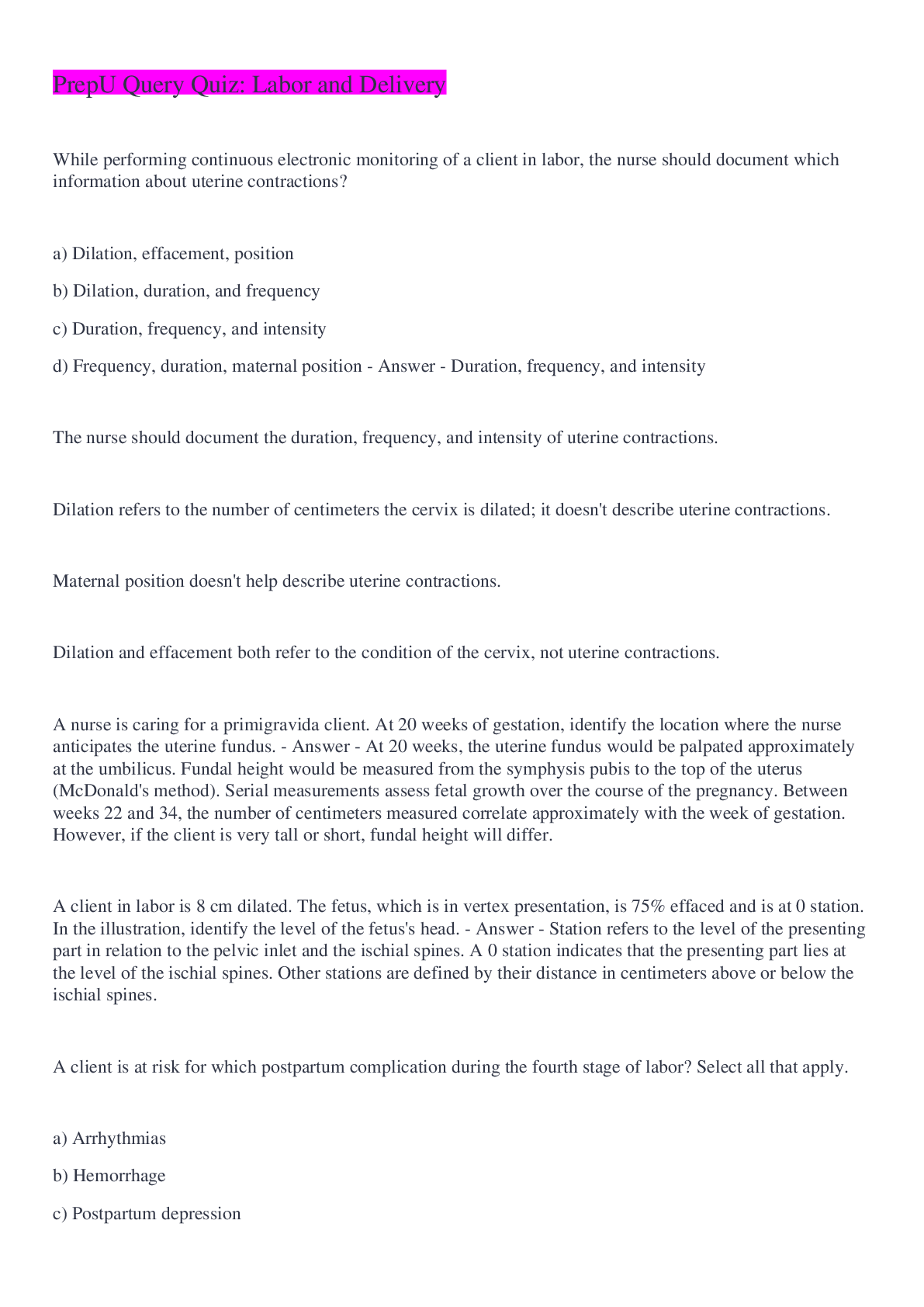 PrepU Query Quiz: Labor and Delivery Questions And Answers 2022/2023 ...