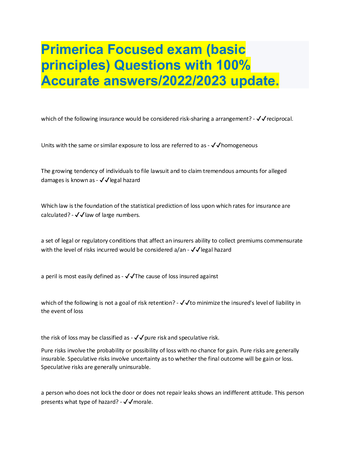 Primerica Focused exam (basic principles) Questions with 100% Accurate ...