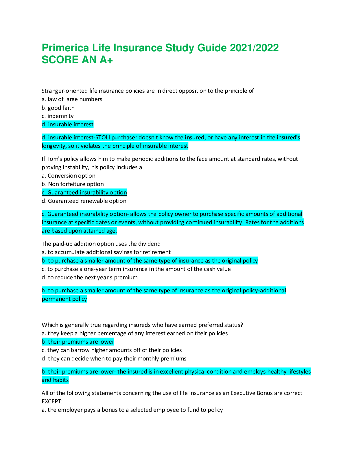 Primerica Life Insurance Study Guide 2021/2022 SCORE AN A+ - Scholarfriends