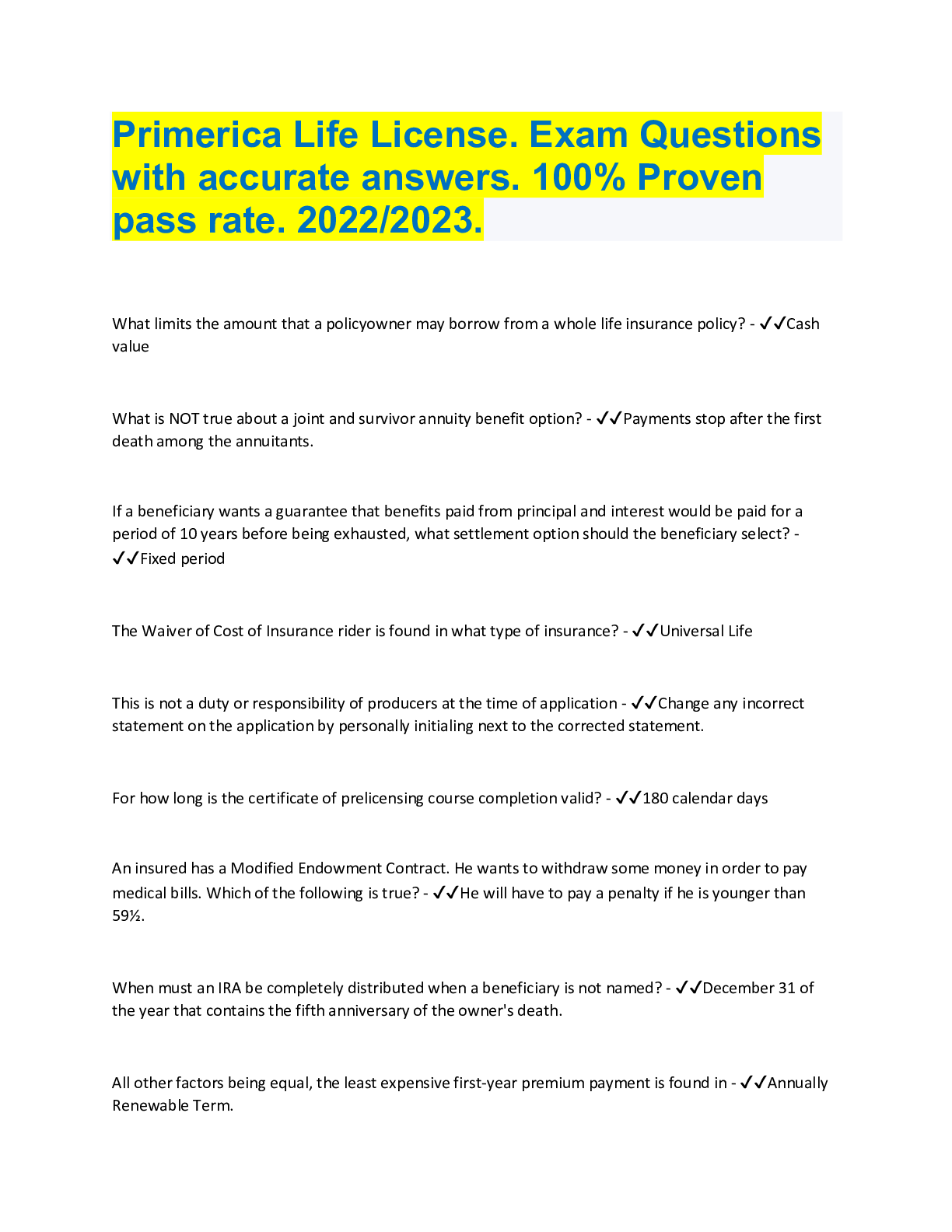 Primerica Life License. Exam Questions with accurate answers. 100% ...