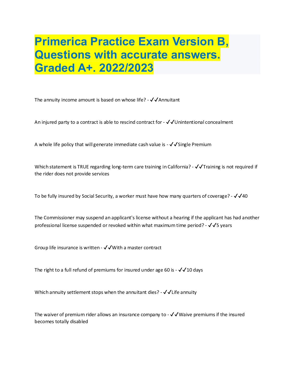 Primerica Practice Exam Version B, Questions with accurate answers ...