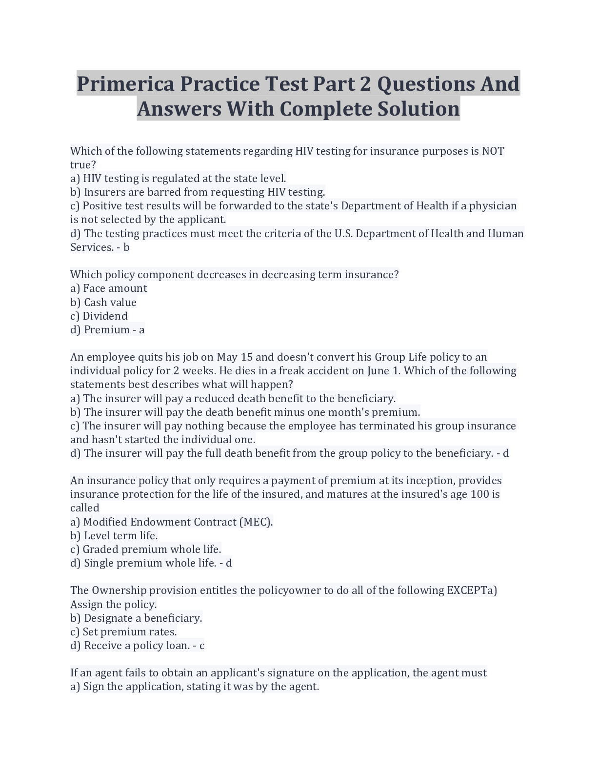 Primerica Practice Test Part 2 Questions And Answers With Complete ...