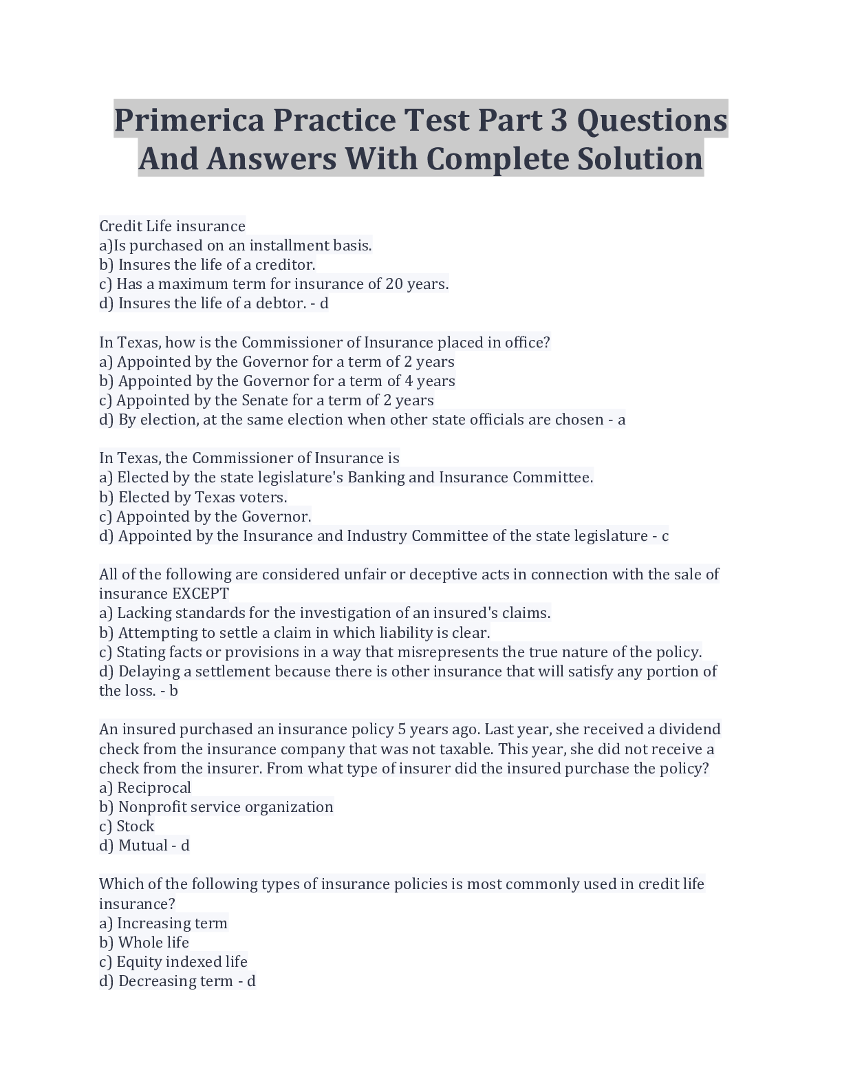 Primerica Practice Test Part 3 Questions And Answers With Complete ...
