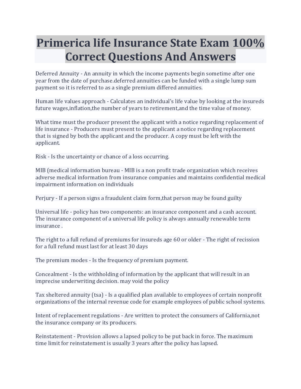 Primerica life Insurance State Exam 100% Correct Questions And Answers ...