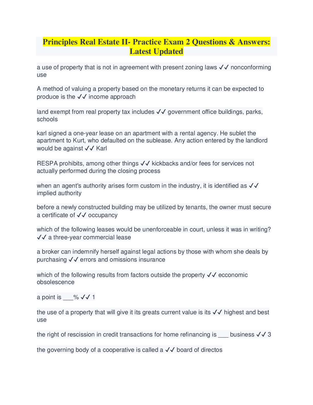 Texas Real Estate Principles 1 (Practice Exam) Questions & Answers ...