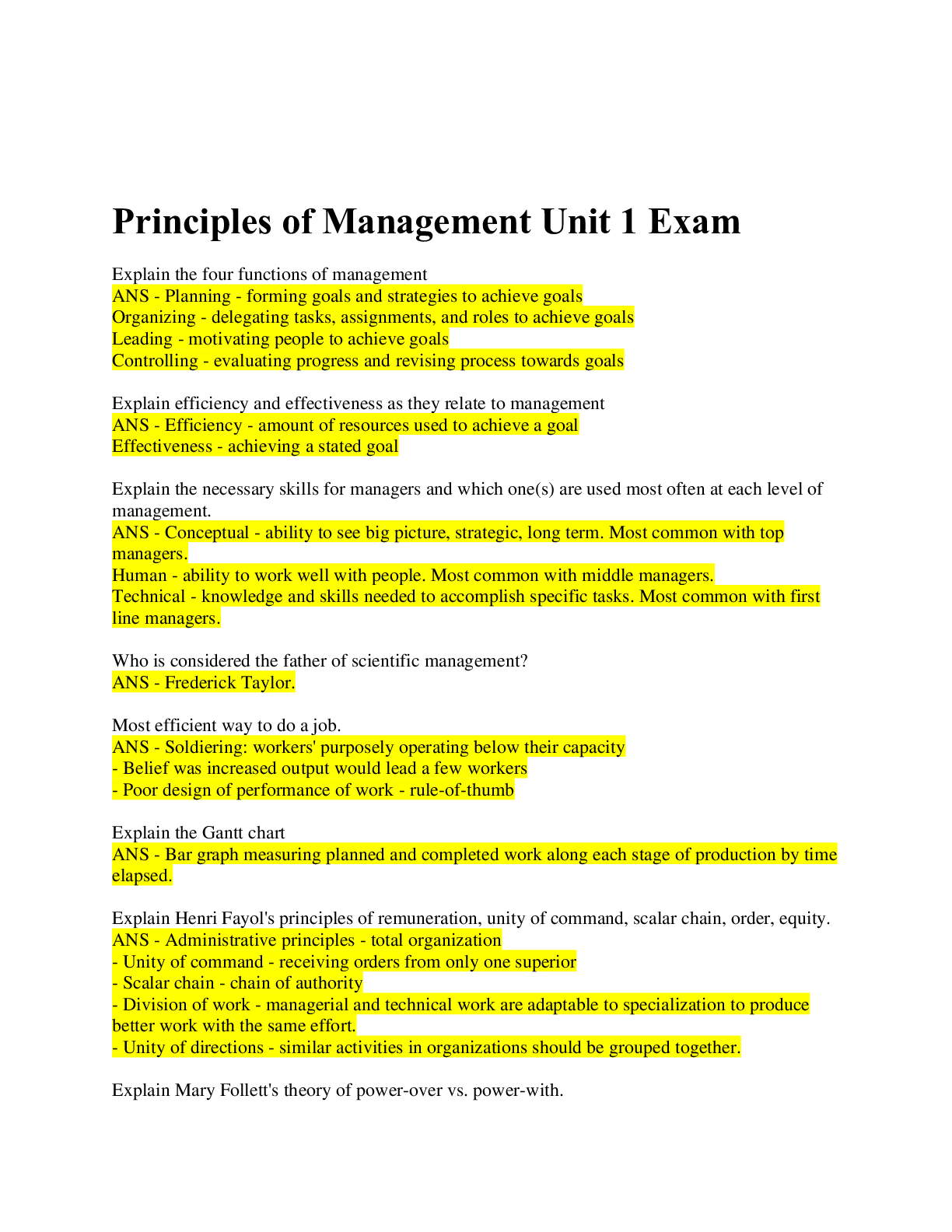 Principles of Management Unit 1 - Scholarfriends