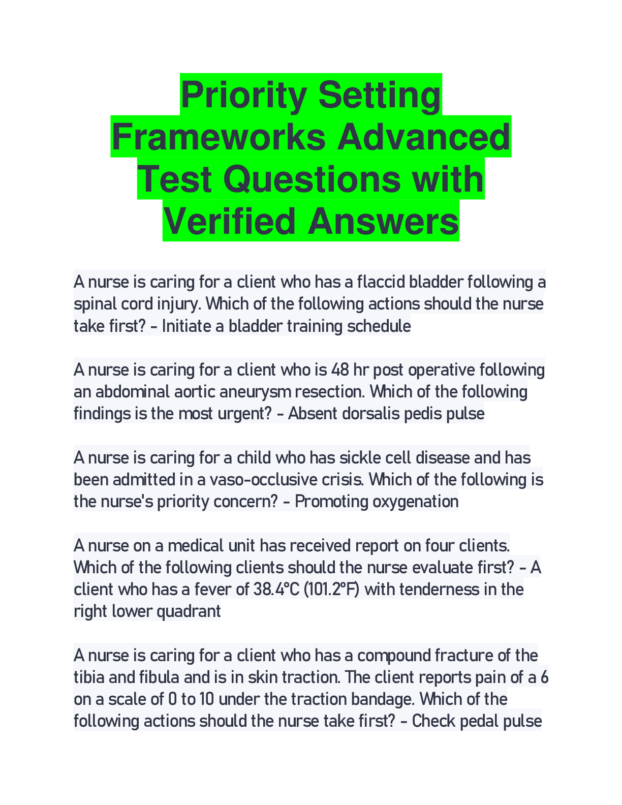 Priority Setting Frameworks Advanced Test Questions with Verified ...