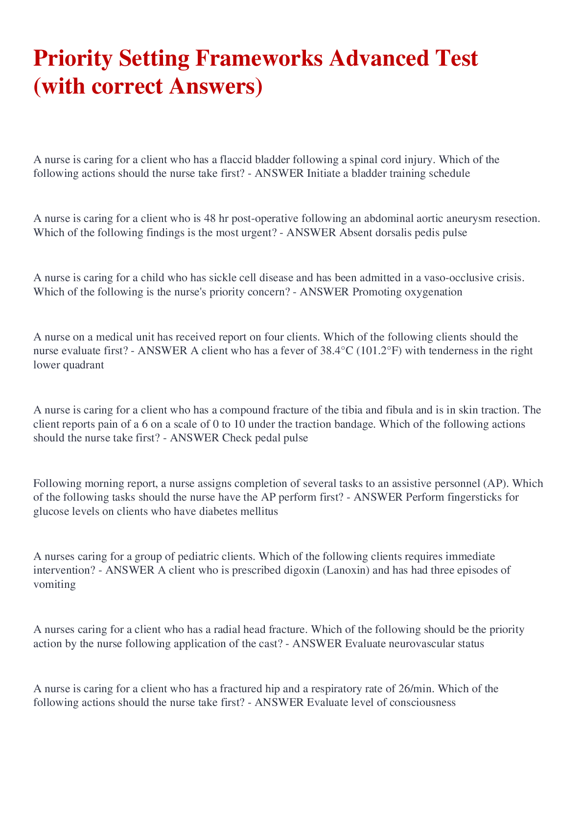 Priority Setting Frameworks Advanced Test (with correct Answers ...