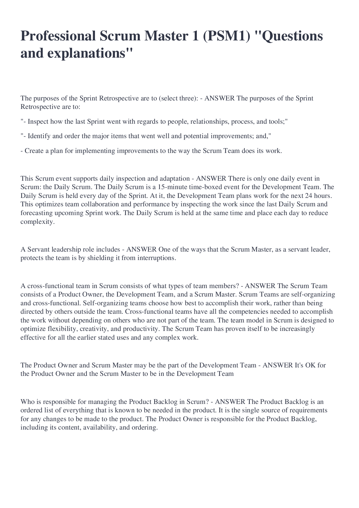 Professional Scrum Master 1 (PSM1) "Questions and explanations ...