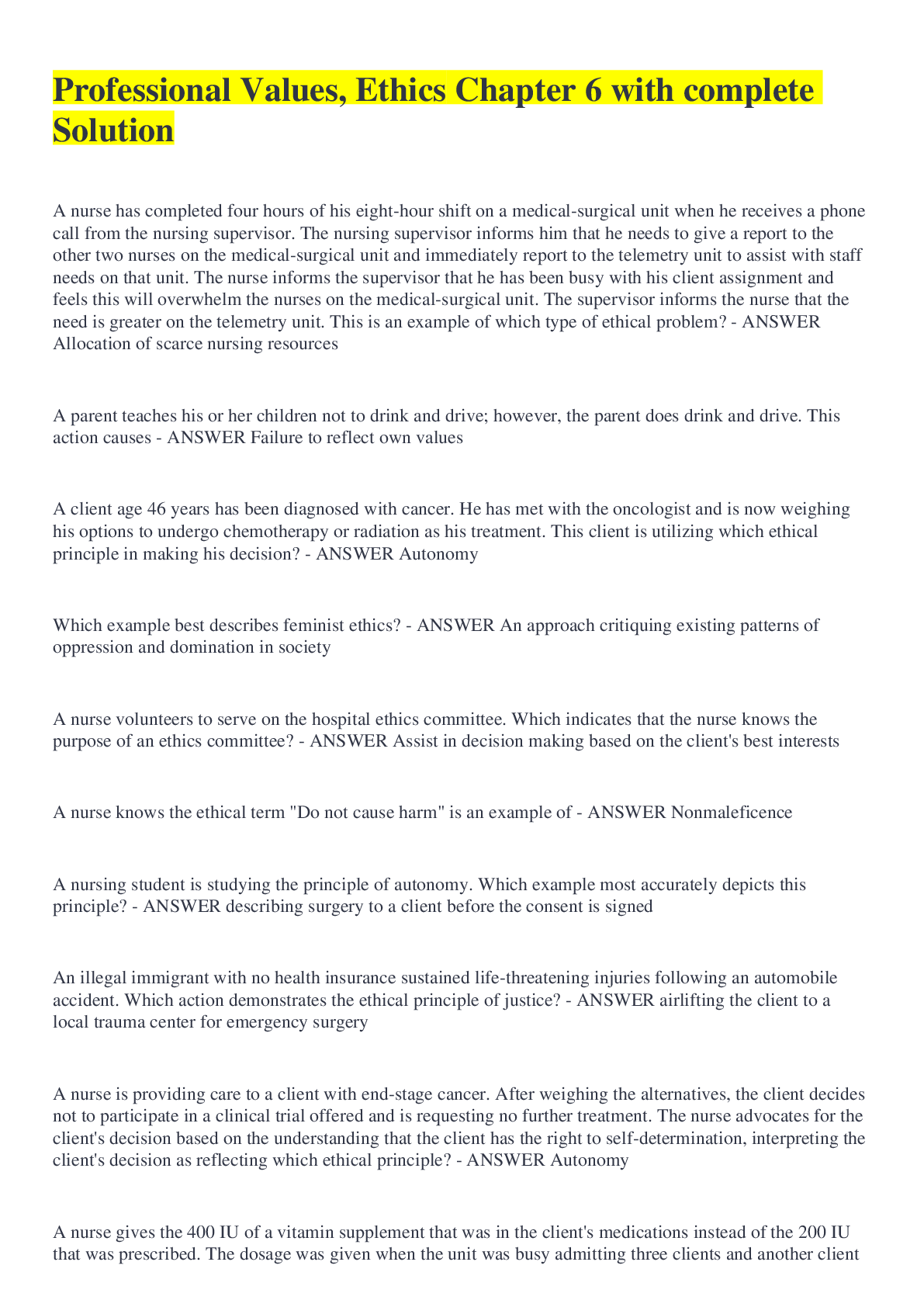 Professional Values, Ethics Chapter 6 with complete Solution ...