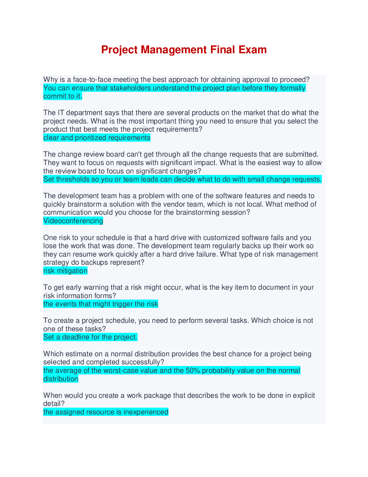 Project Management Final Exam/100% ACCURATE ANSWERS - Scholarfriends