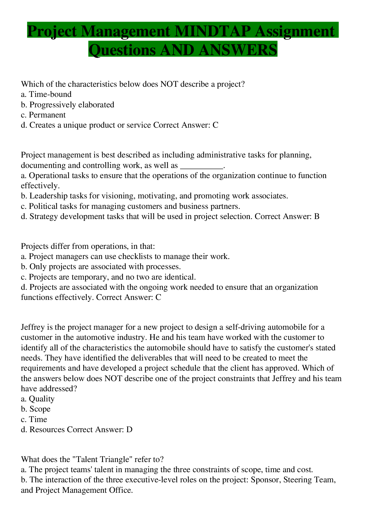 Project Management MINDTAP Assignment Questions AND ANSWERS ...
