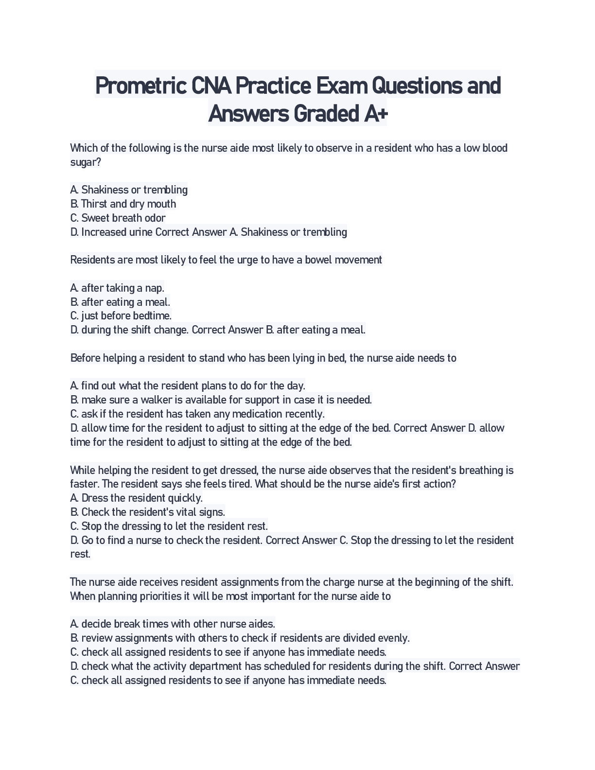 Prometric CNA Practice Exam Questions and Answers Graded A+ ...