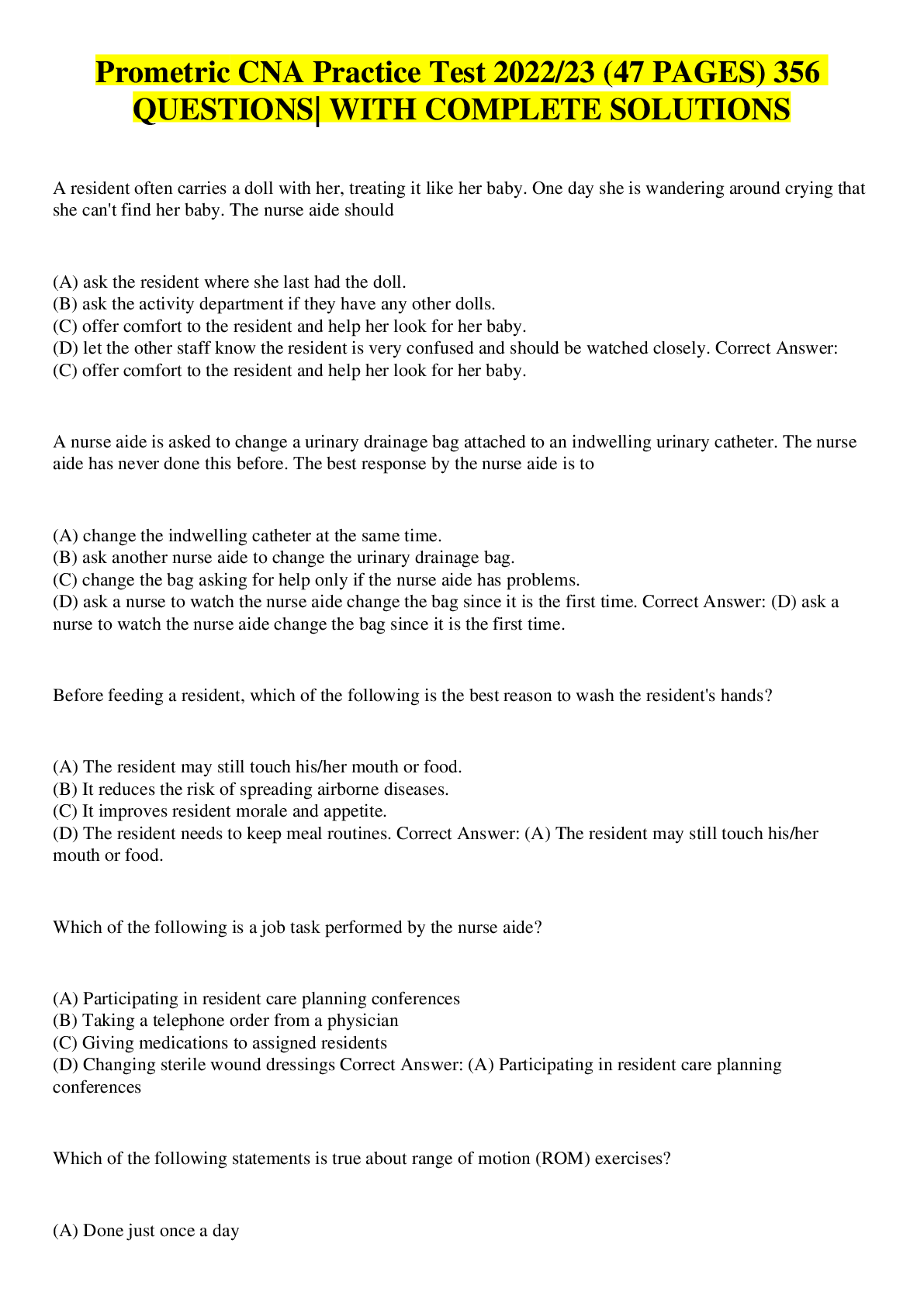 Prometric CNA Practice Test 2022/23 (47 PAGES) 356 QUESTIONS| WITH ...