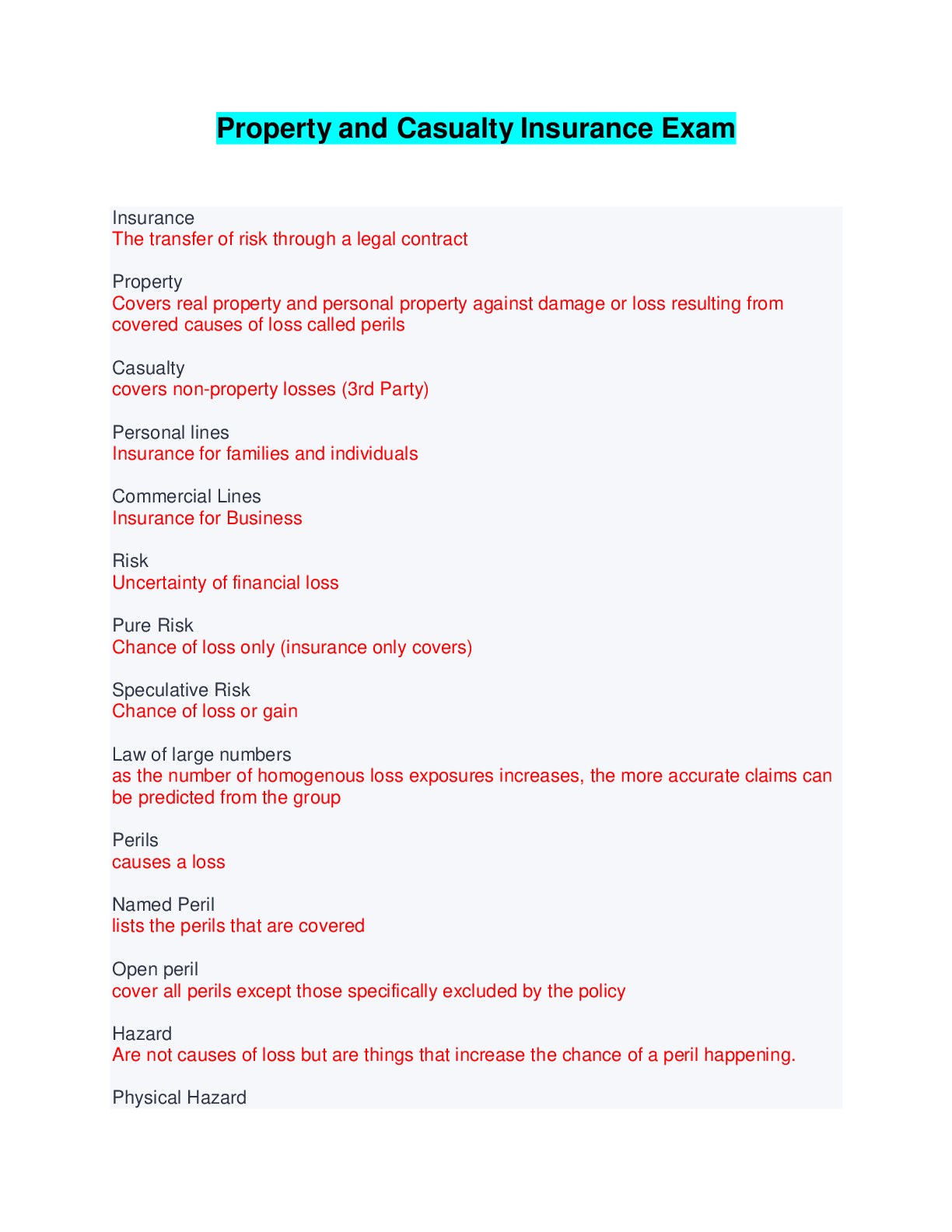 Property and Casualty insurance exam with Correct Answers ...