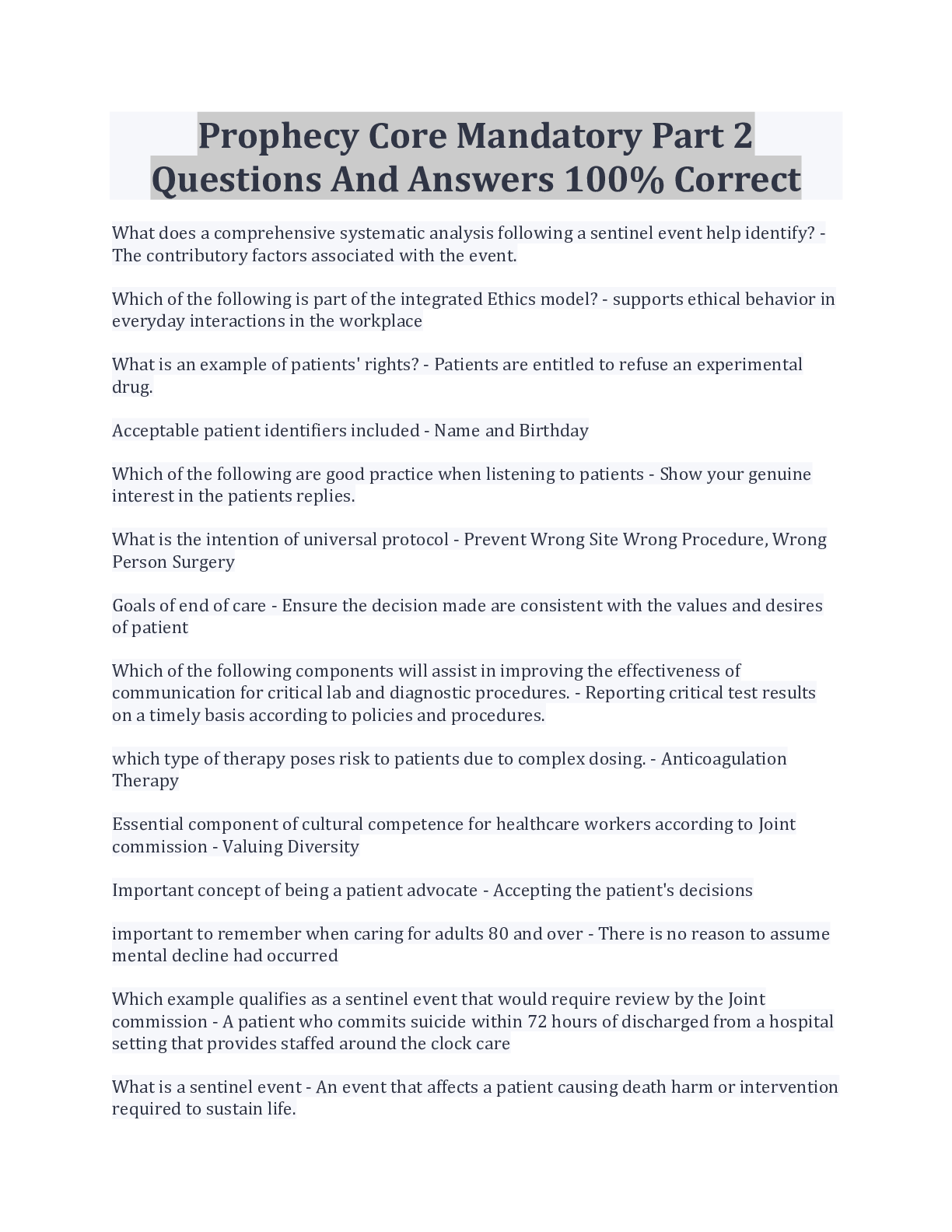 Prophecy Core Mandatory Part 2 Questions And Answers 100% Correct ...