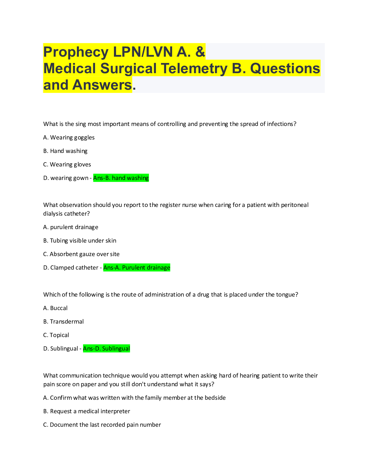 Prophecy LPN/LVN A. Exam summer 2022. Questions with accurate answers ...