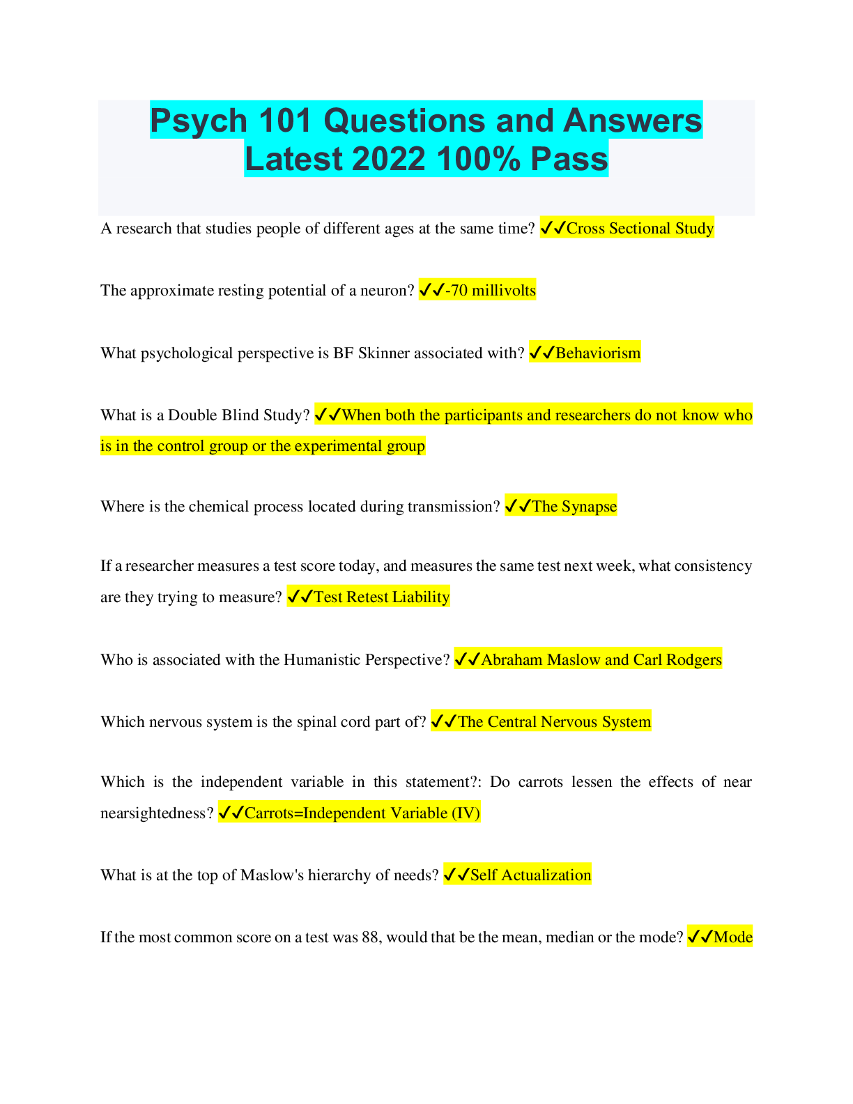 Psych 101 Questions and Answers Latest 2022 100% Pass – Scholarfriends ...