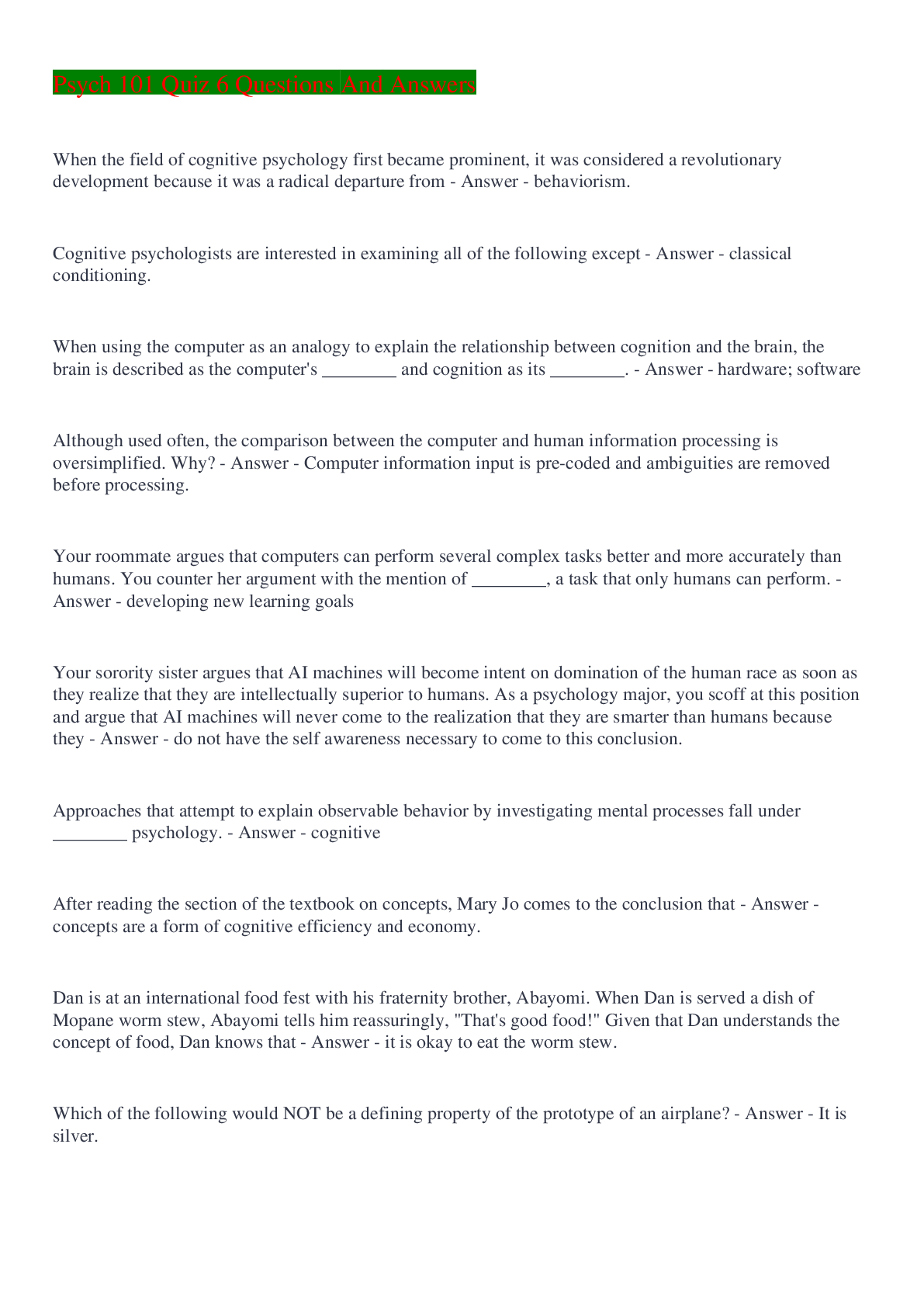 Psych 101 Quiz 6 Questions And Answers - Scholarfriends