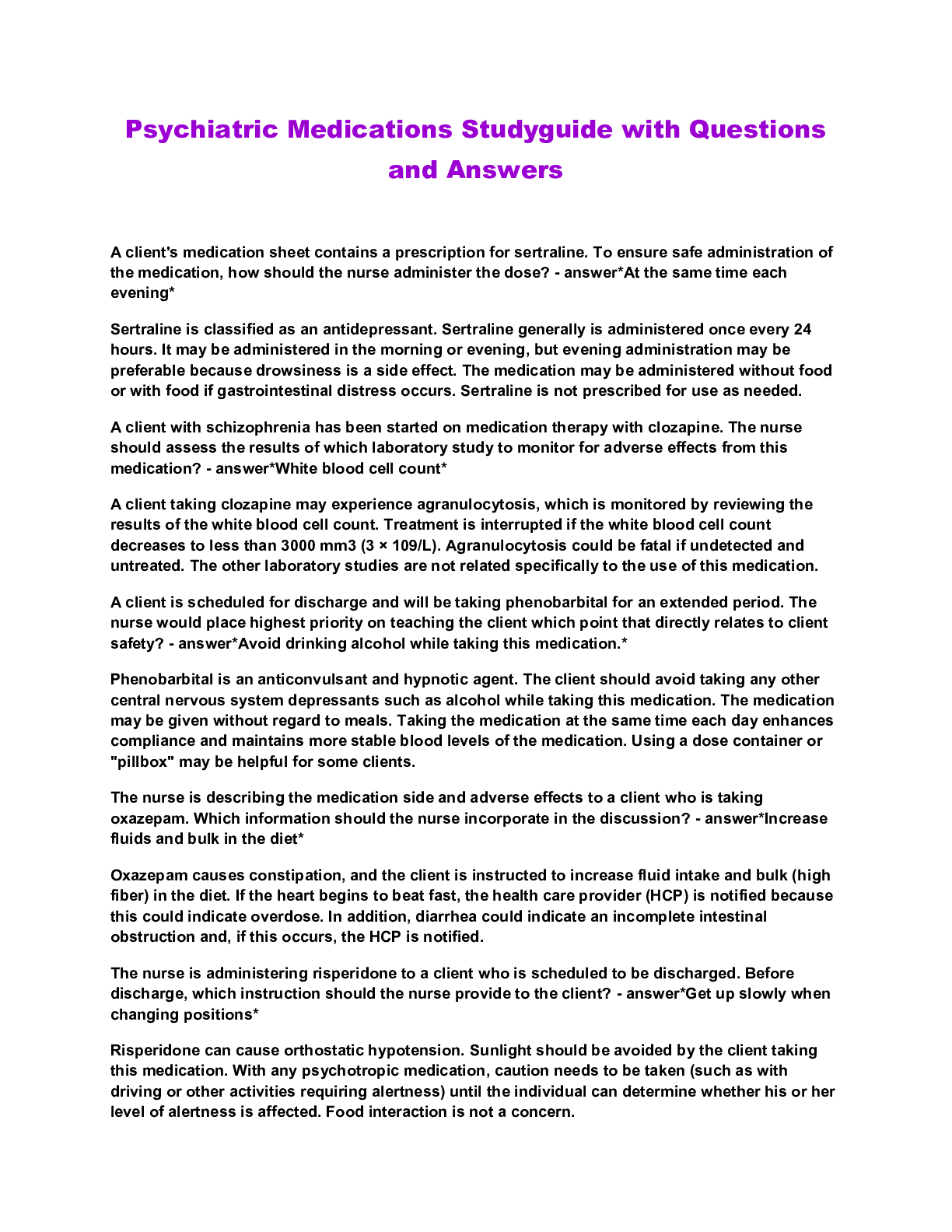 Psychiatric Medications Studyguide with Questions and Answers ...