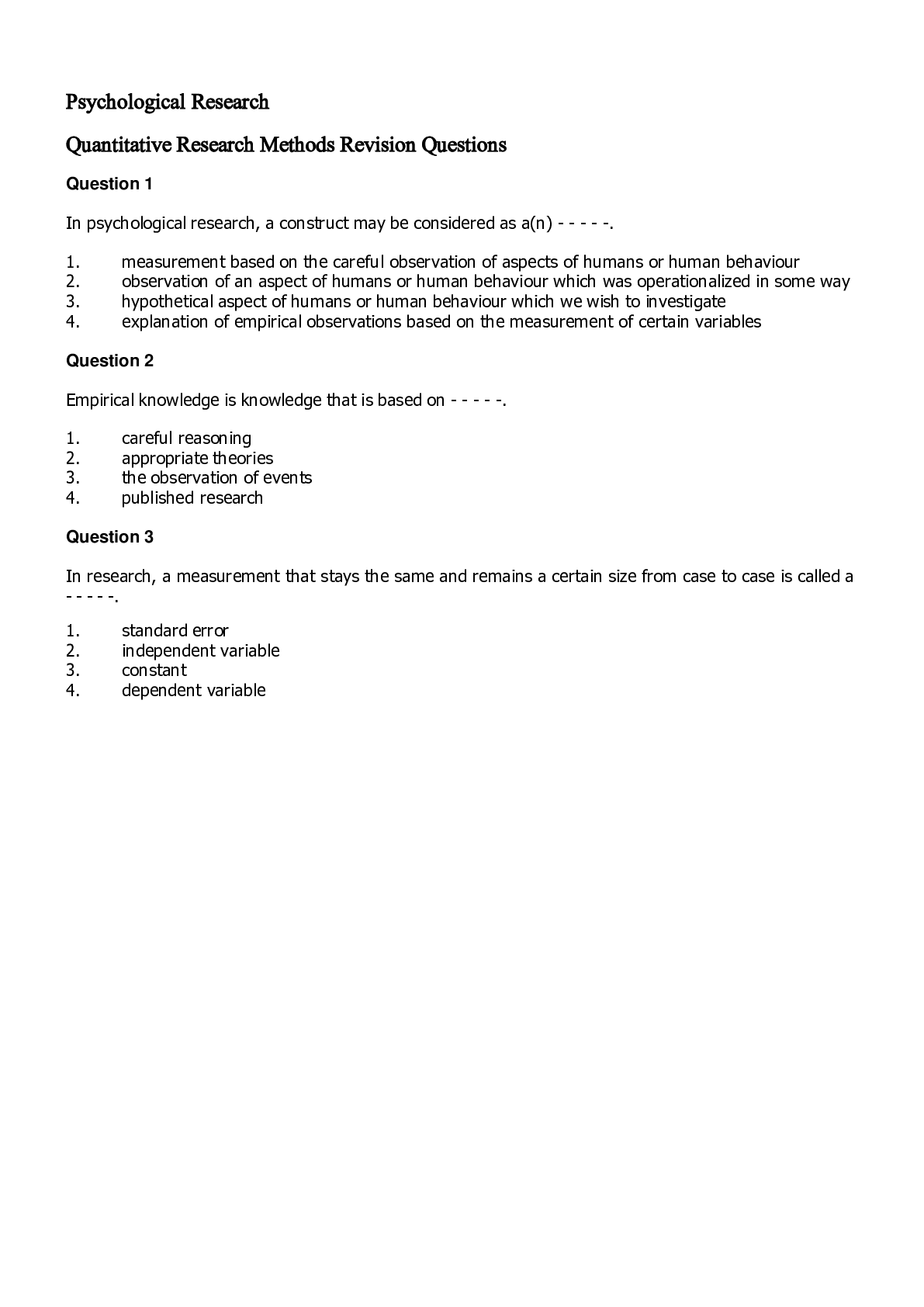 Psychological Research Quantitative Research Methods Revision Questions ...