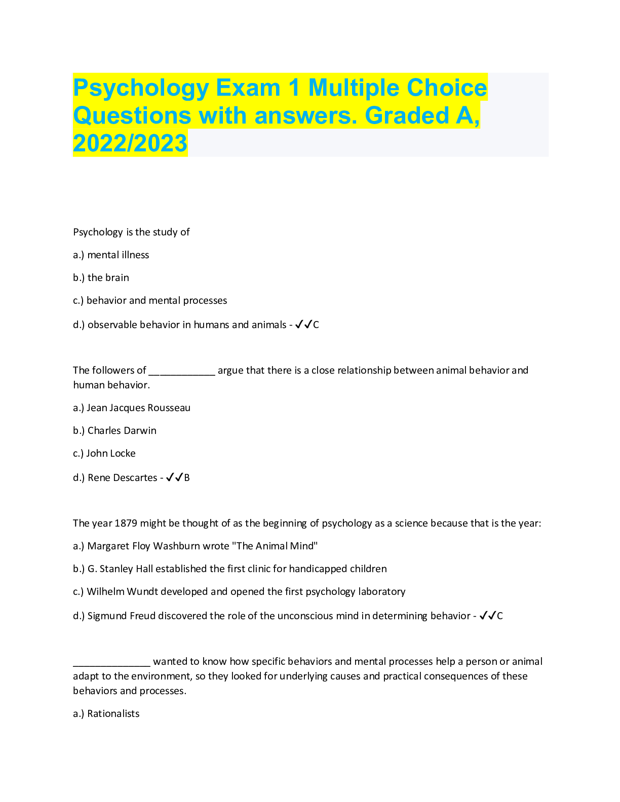 Psychology Exam 1 Multiple Choice Questions with answers. Graded A ...
