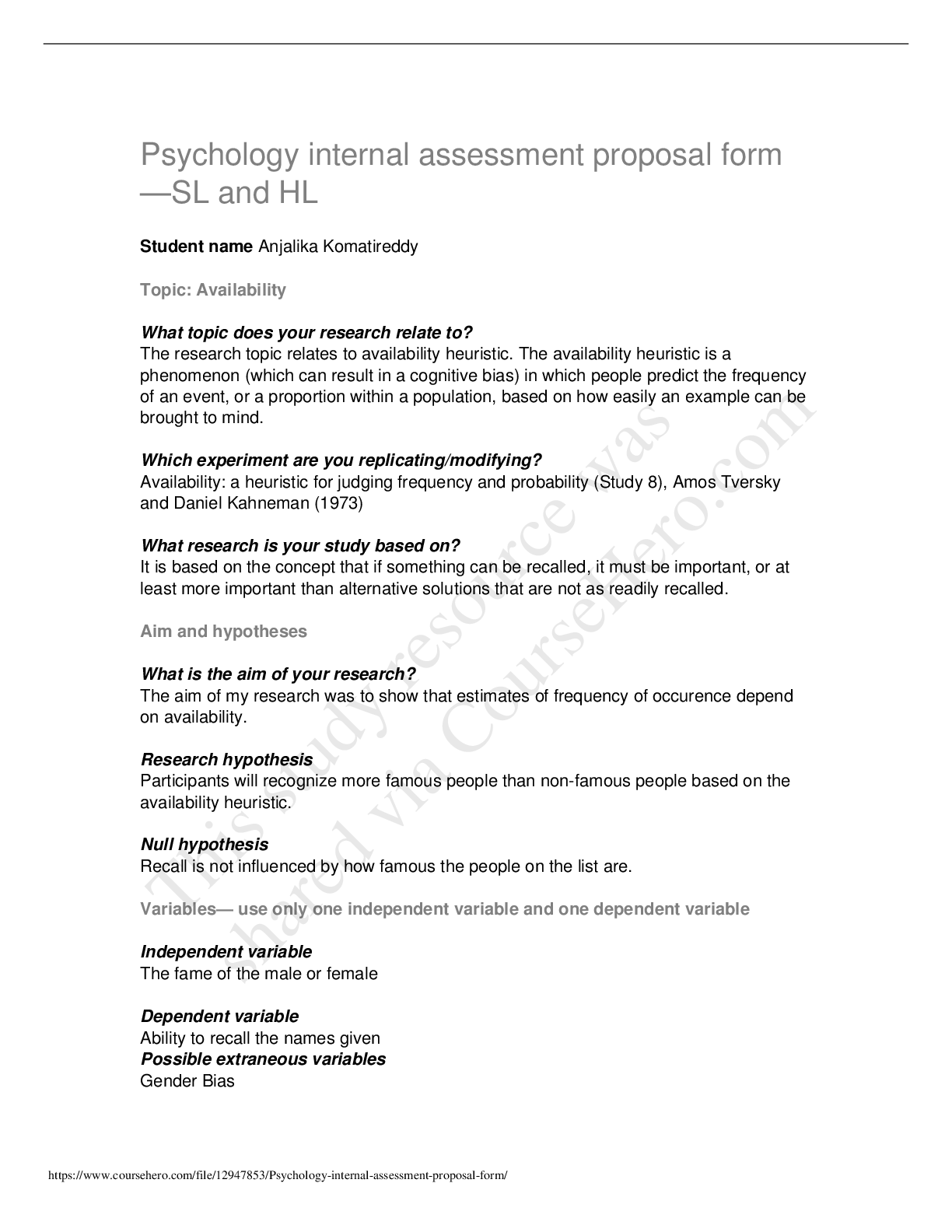 Psychology internal assessment proposal form - Scholarfriends