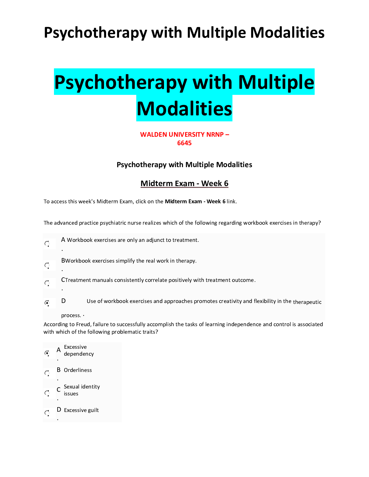 NRNP – 6645 Psychotherapy with Multiple Modalities Midterm Exam - Week ...