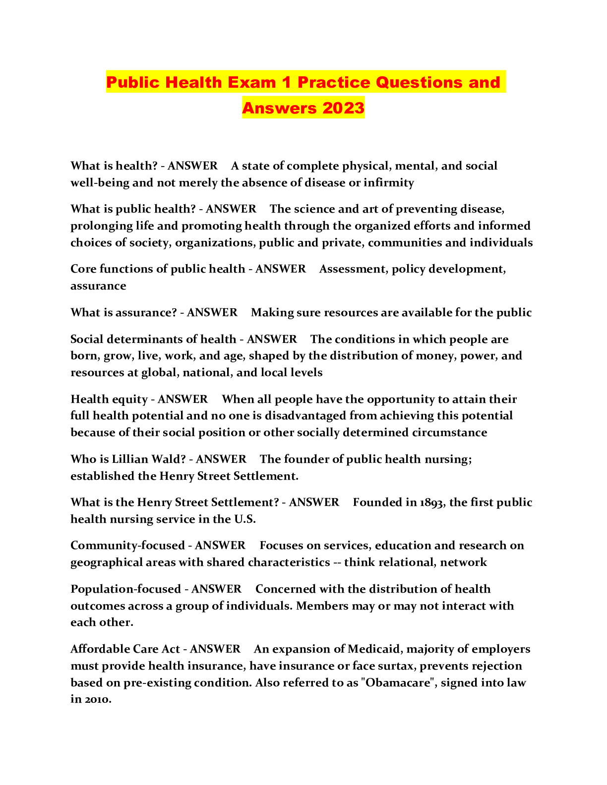Public Health Exam 1 Practice Questions and Answers 2023 - Scholarfriends