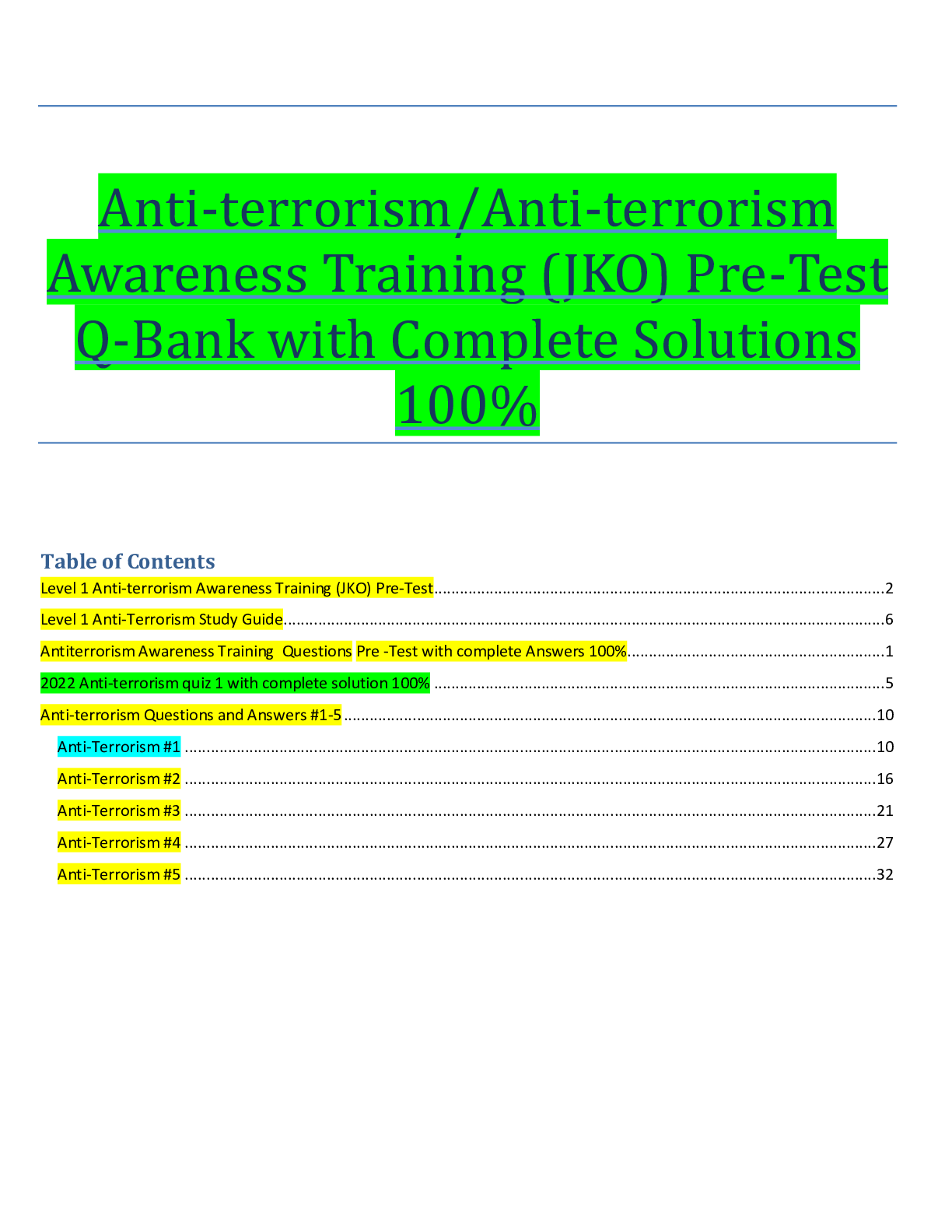 Anti-terrorism/Anti-terrorism Awareness Training (JKO) Pre-Test Q-Bank ...